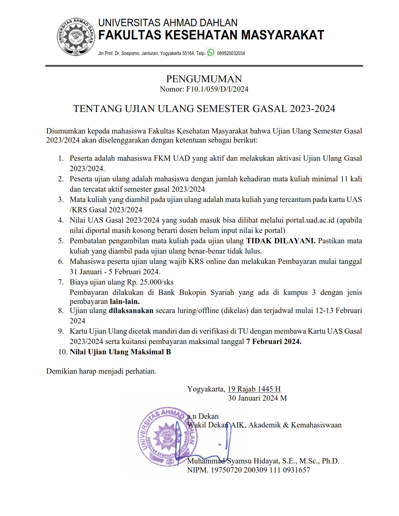 UJIAN ULANG SEMESTER GASAL 2023-2024 - FKM UAD