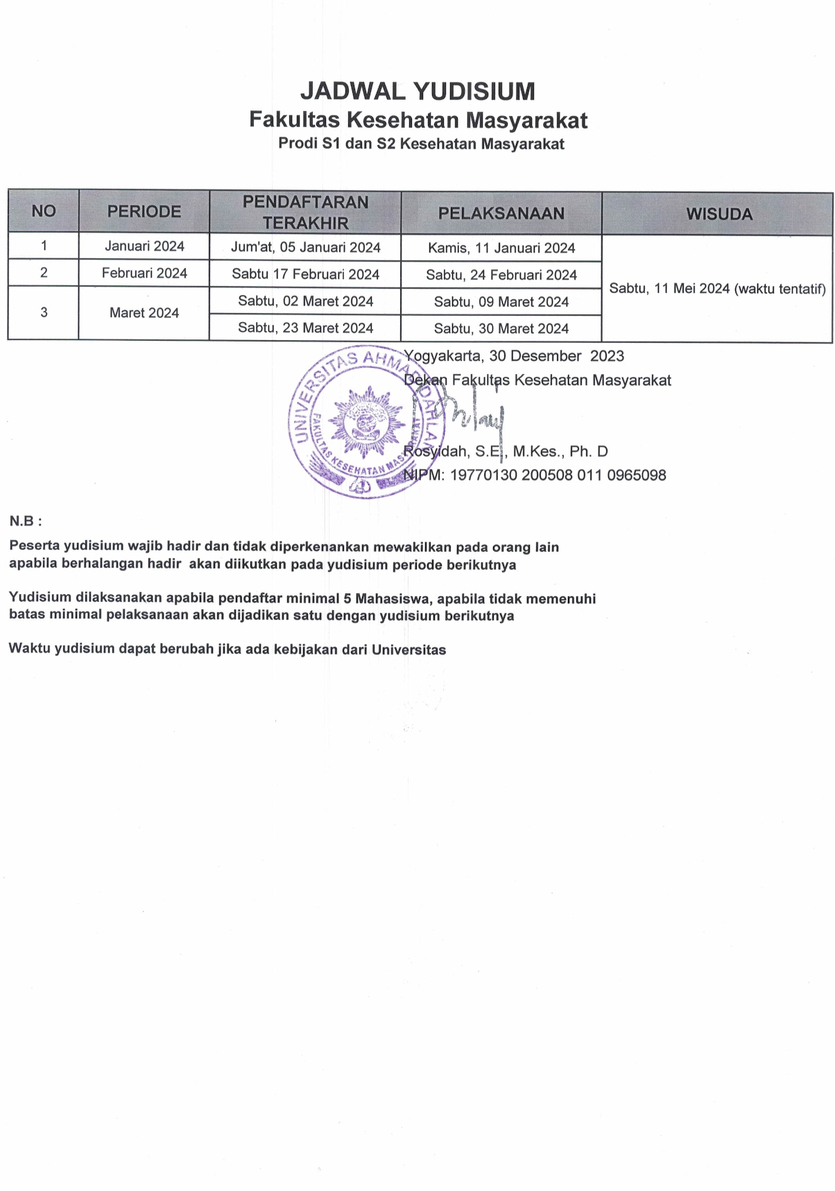 JADWAL YUDISIUM PERIODE JANUARI - MARET 2024 - FKM UAD