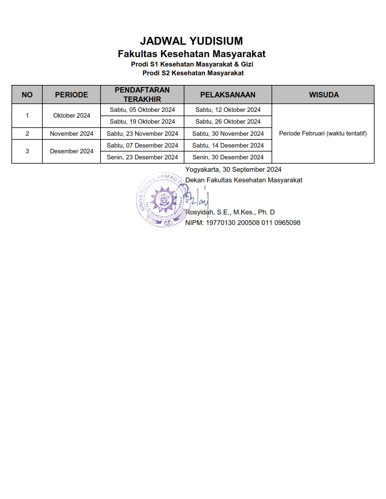 JADWAL YUDISIUM PERIODE OKTOBER- DESEMBER 2024 - FKM UAD