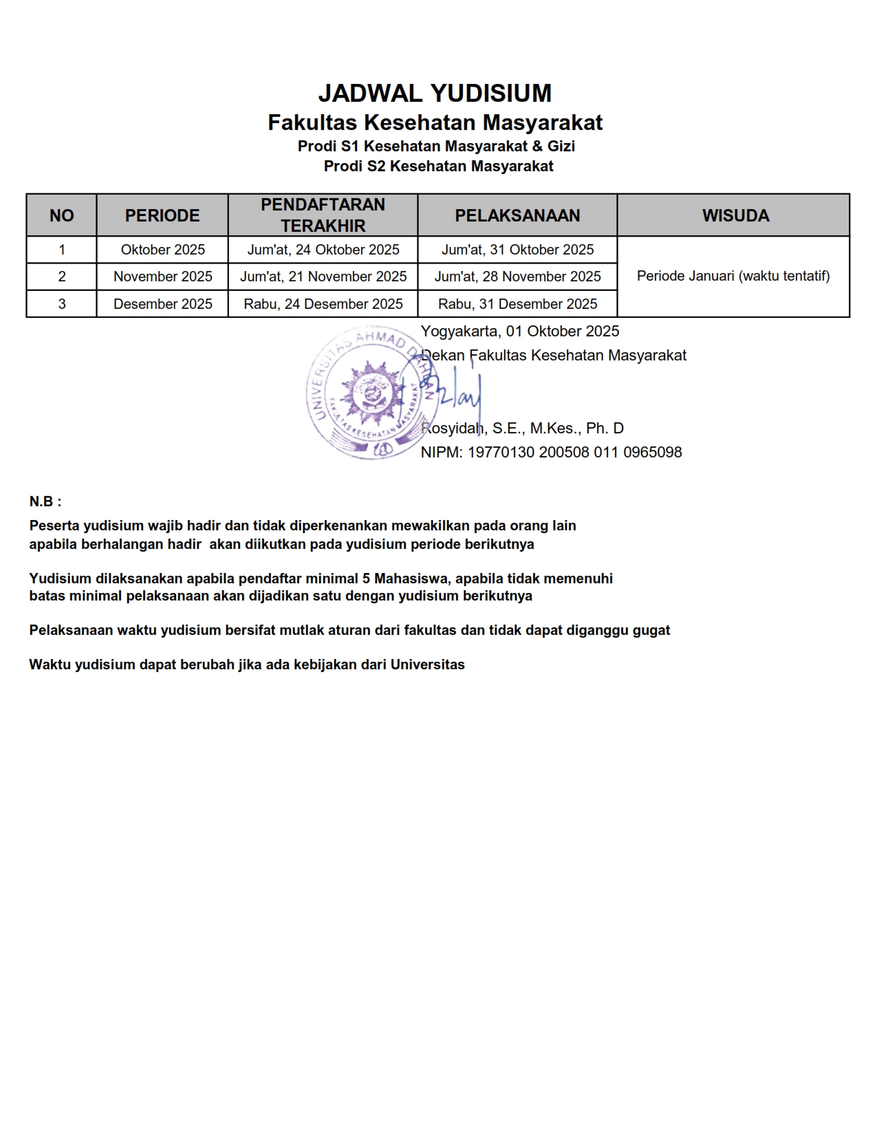JADWAL YUDISIUM PERIODE OKTOBER - DESEMBER 2025 - FKM UAD